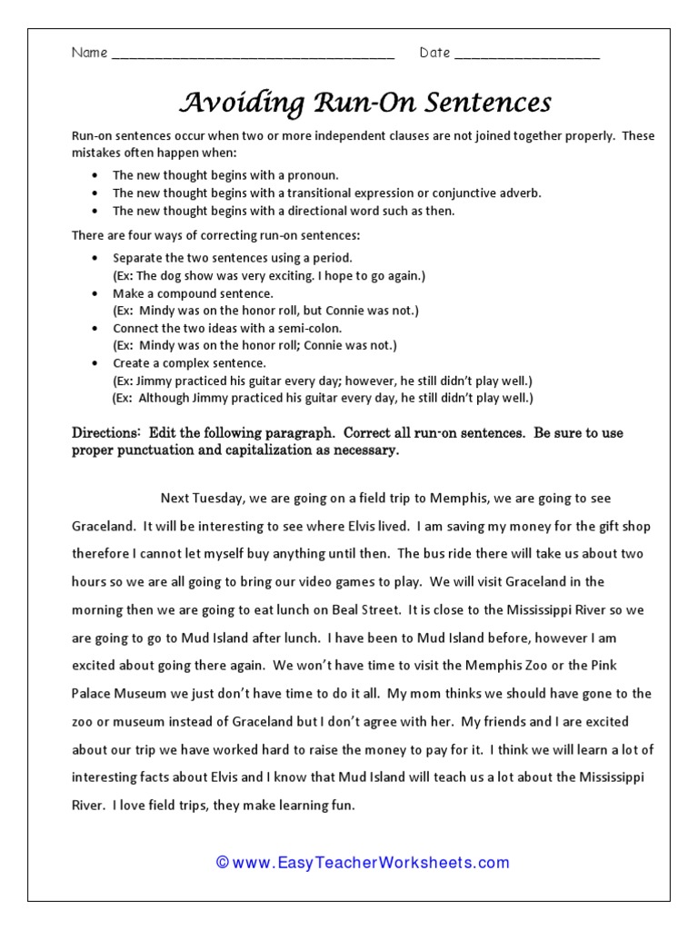 Avoiding Run-On Sentences: Techniques for Correcting Run-Ons and an ...