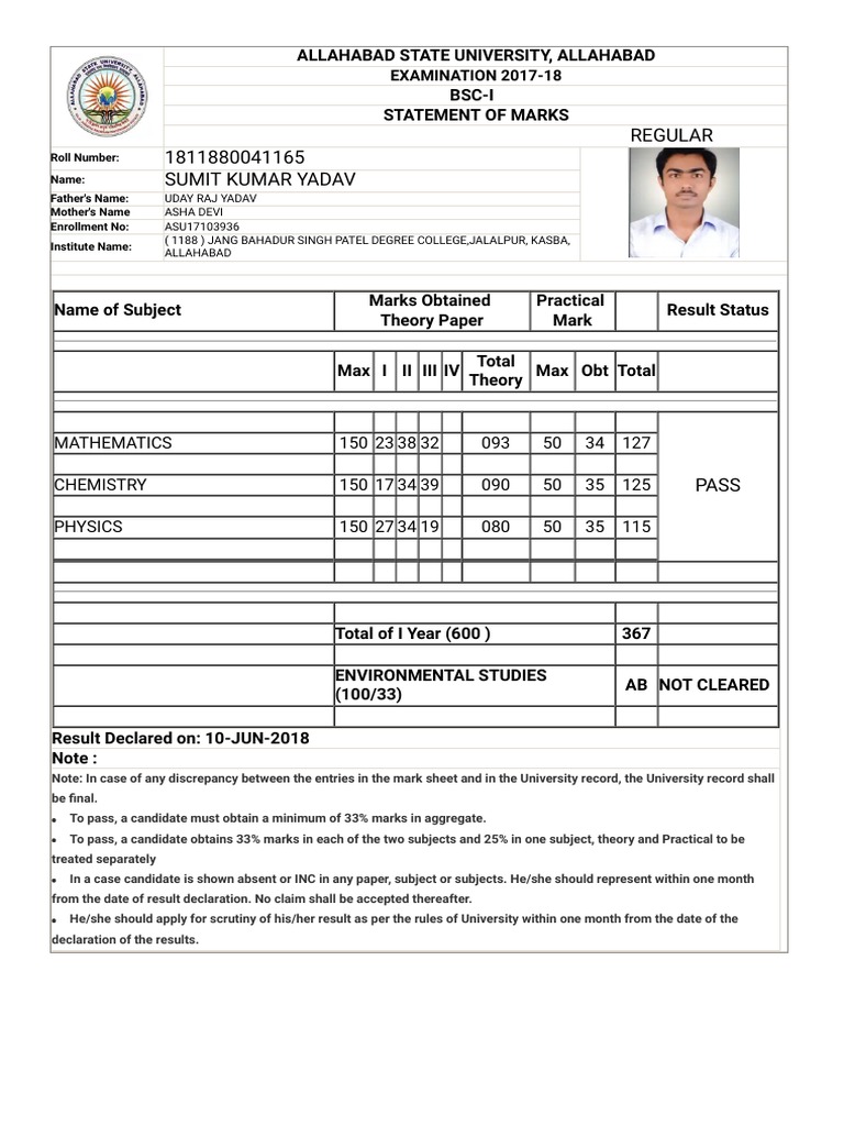 Sumit B.sc. 1st Year Result | PDF