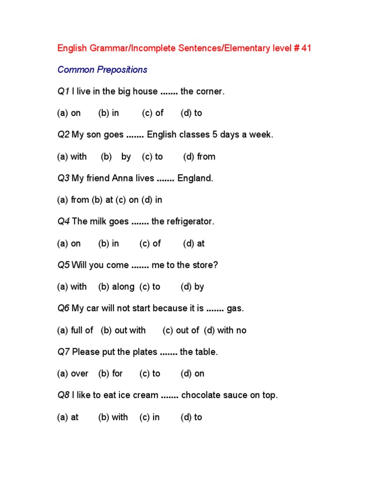 Common Prepositions: English Grammar/Incomplete Sentences/Elementary ...