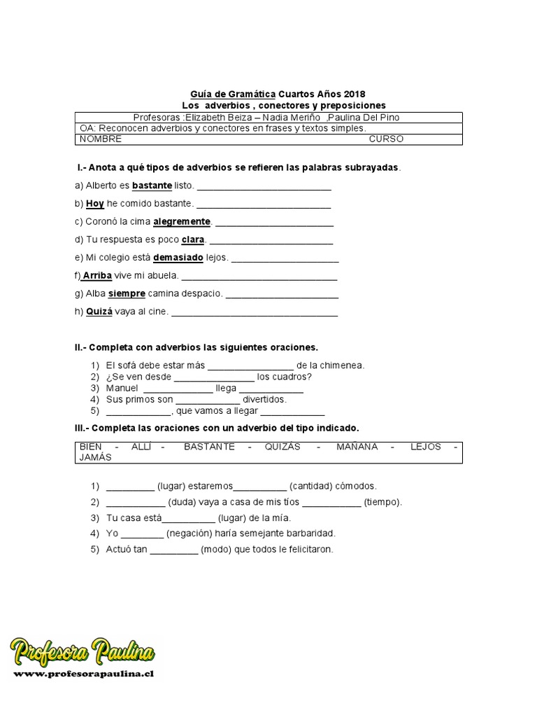 Guia de Estudio - Los Adverbios, Conectores y Preposiciones | PDF | Adverbio