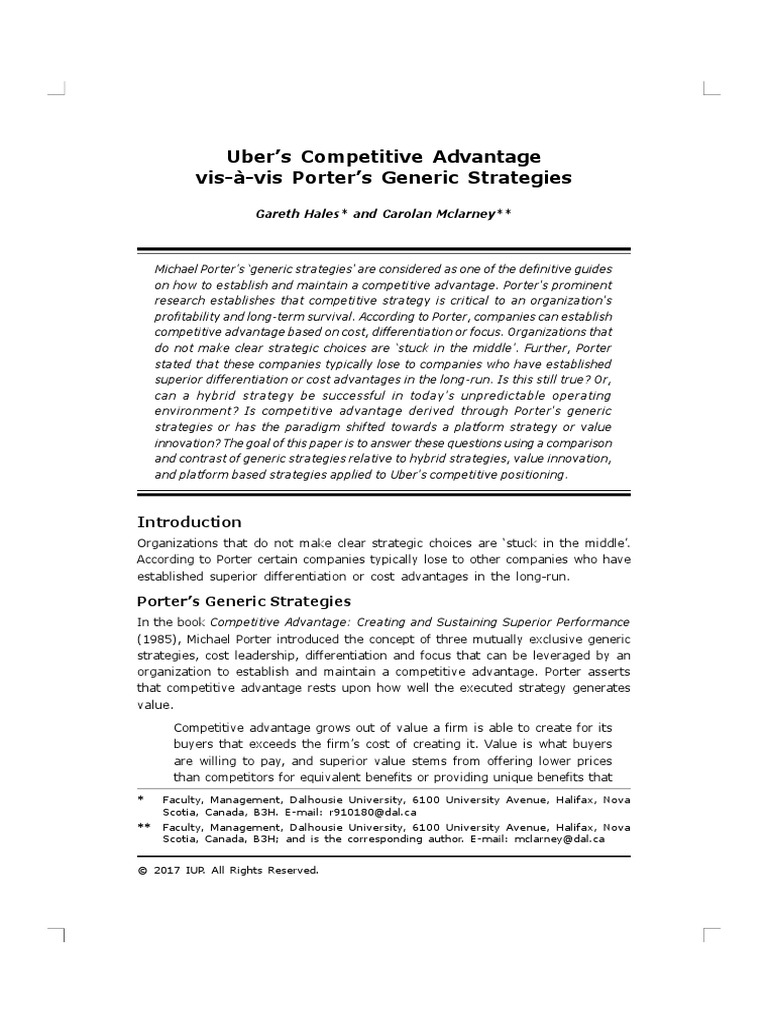 Annex 3 - Uber's Competitive Advantage Vis-à-Vis Porter's Generic ...