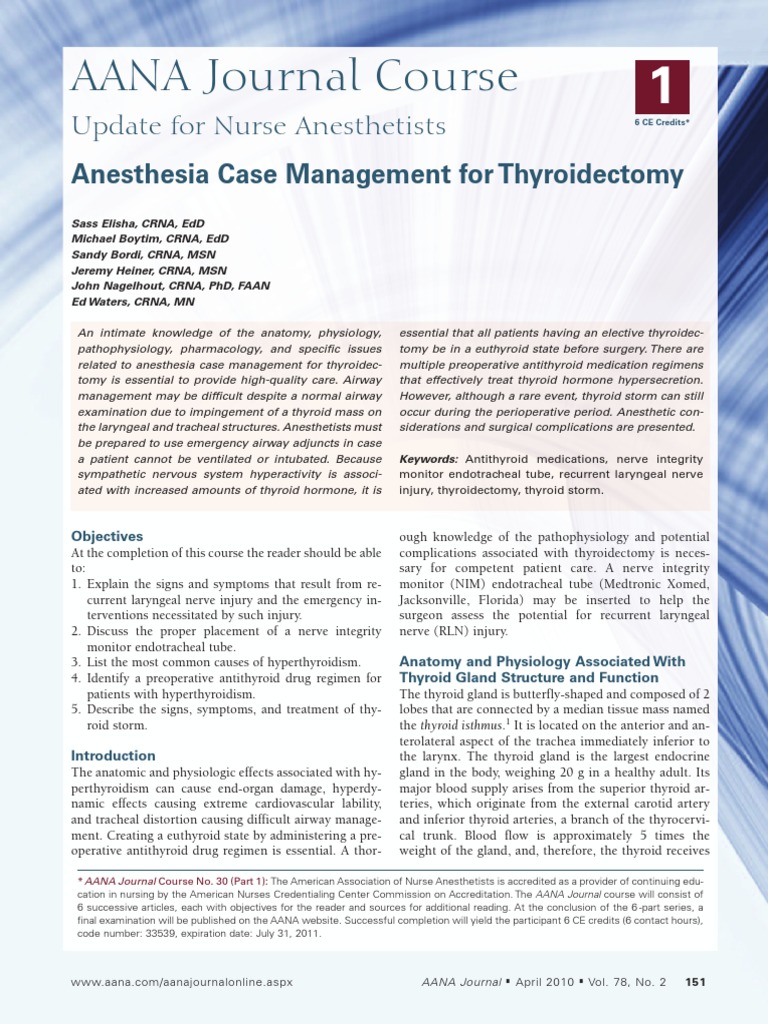 AANA Journal Course: Anesthesia Case Management For Thyroidectomy | PDF | Hyperthyroidism ...