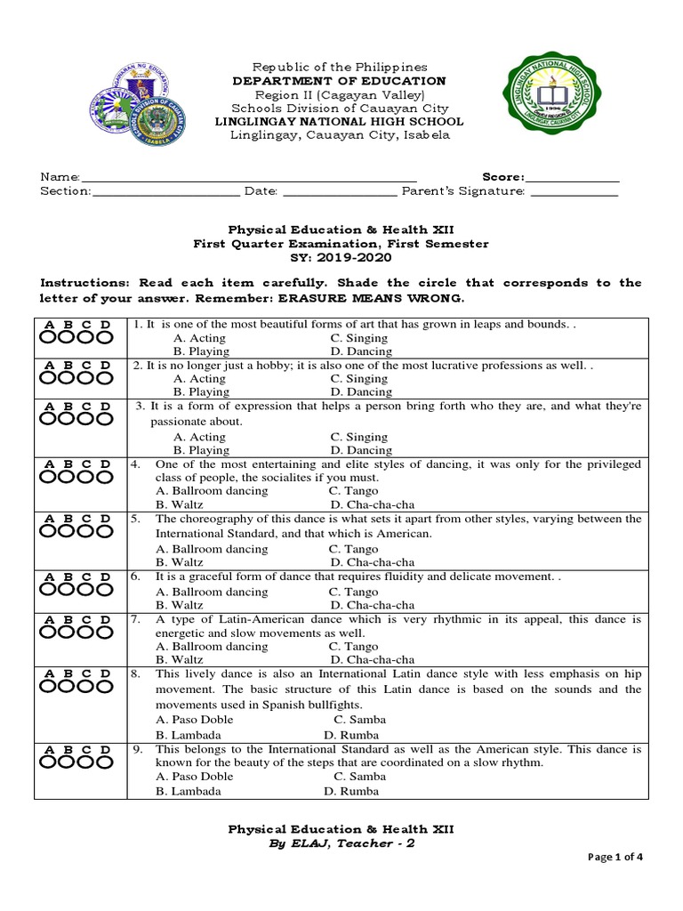 1st-Quarter - Exam-Physical Education and Health - Nature of Dance 12 ...