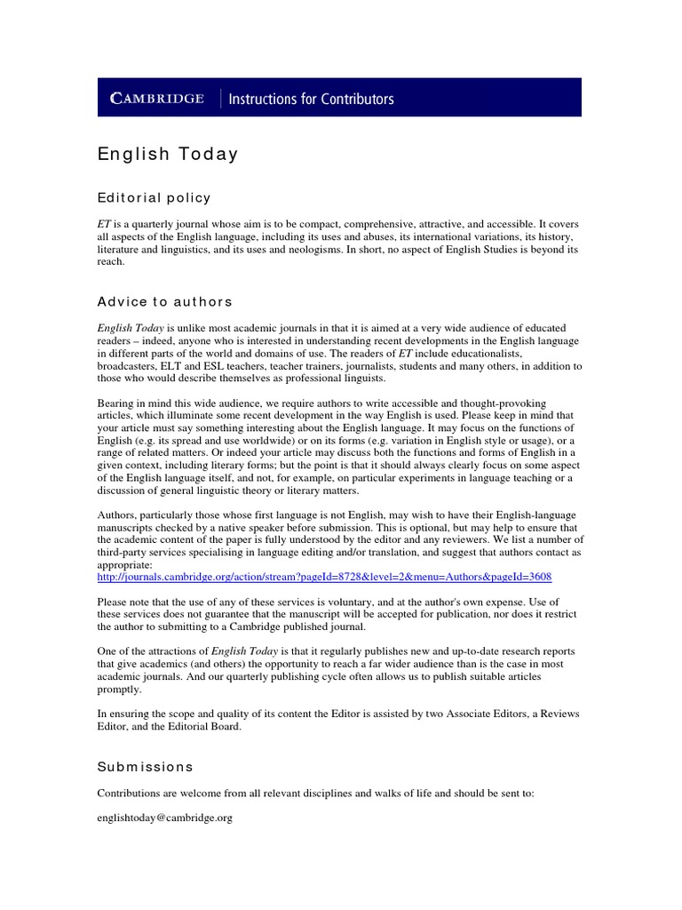 English Today: Editorial Policy | PDF | Editing | Publishing