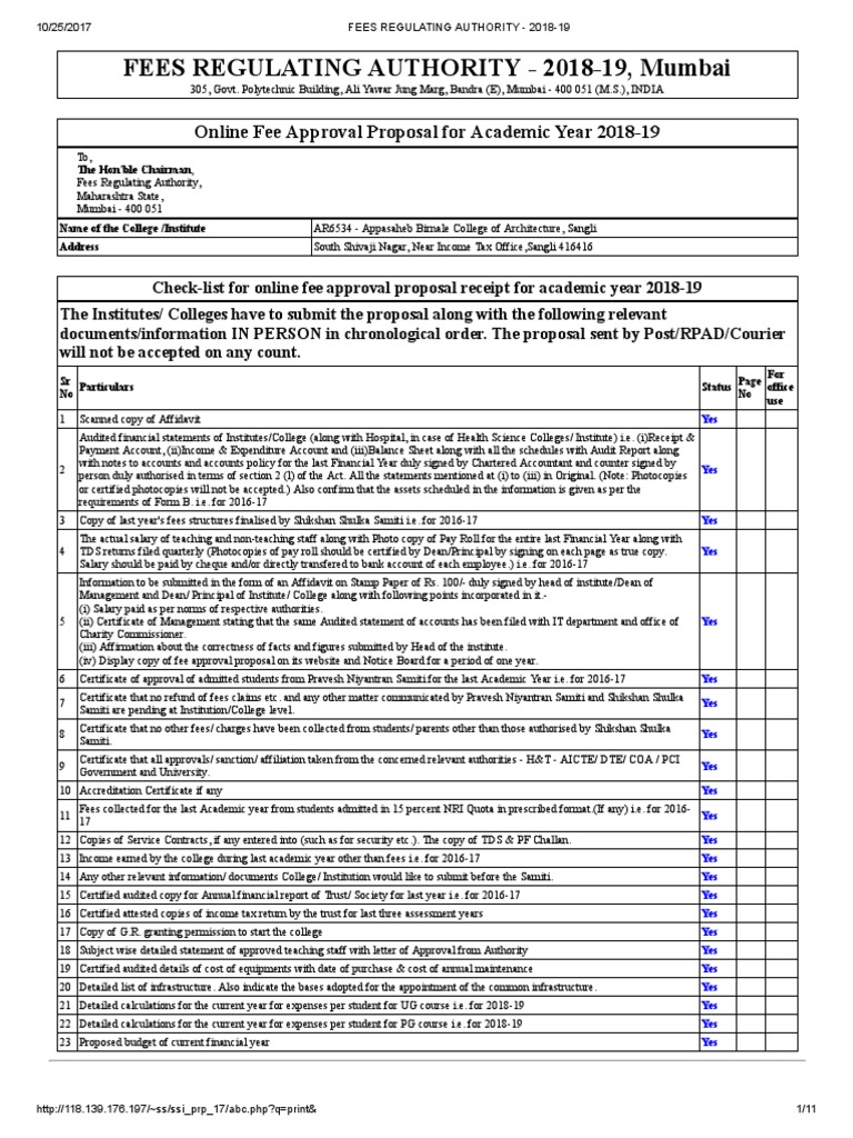 Fees Regulating Authority - 2018-19, Mumbai: Online Fee Approval ...