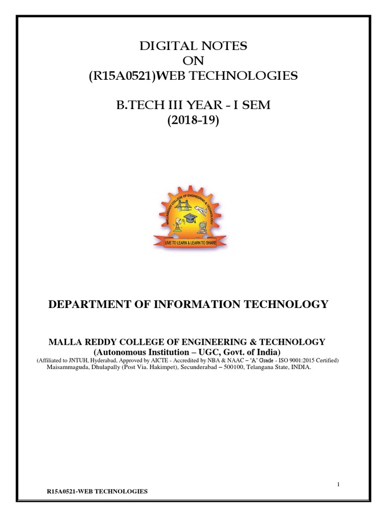 Digital Notes ON (R15A0521) Web Technologies B.Tech Iii Year - I Sem ...