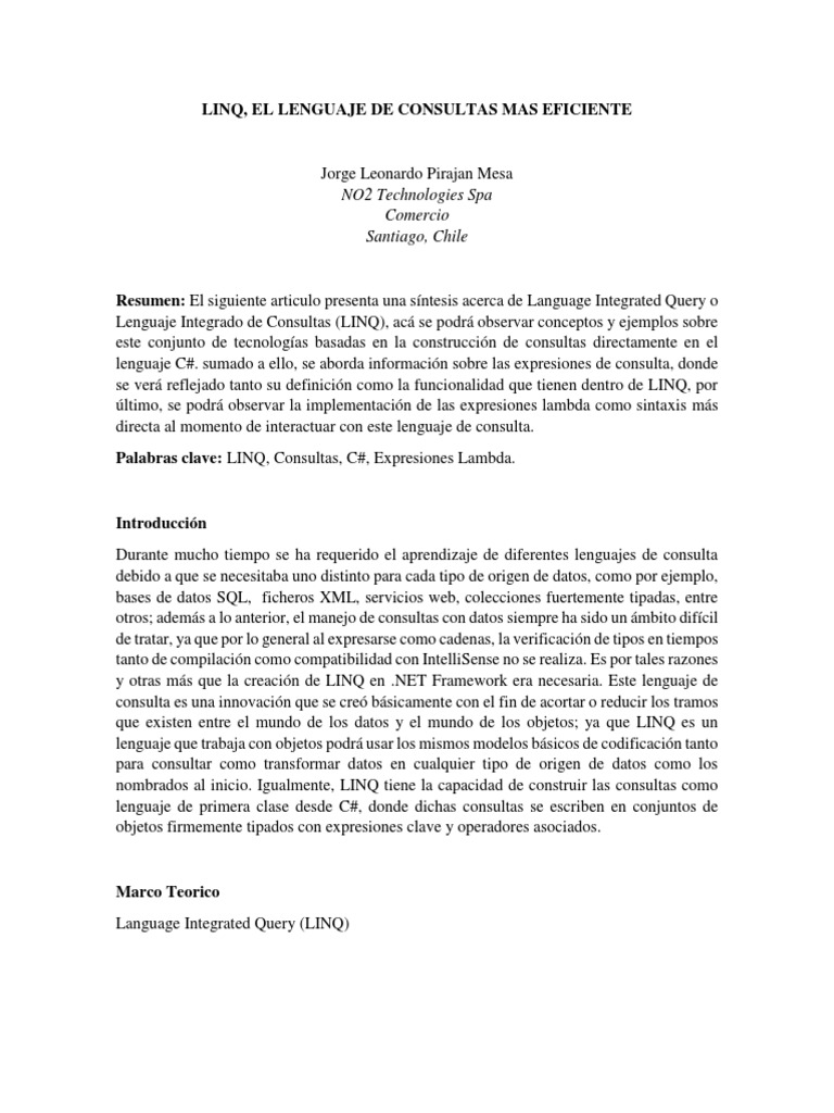 Linq Articulo | PDF | Consulta integrada de idiomas | C Sharp (lenguaje ...