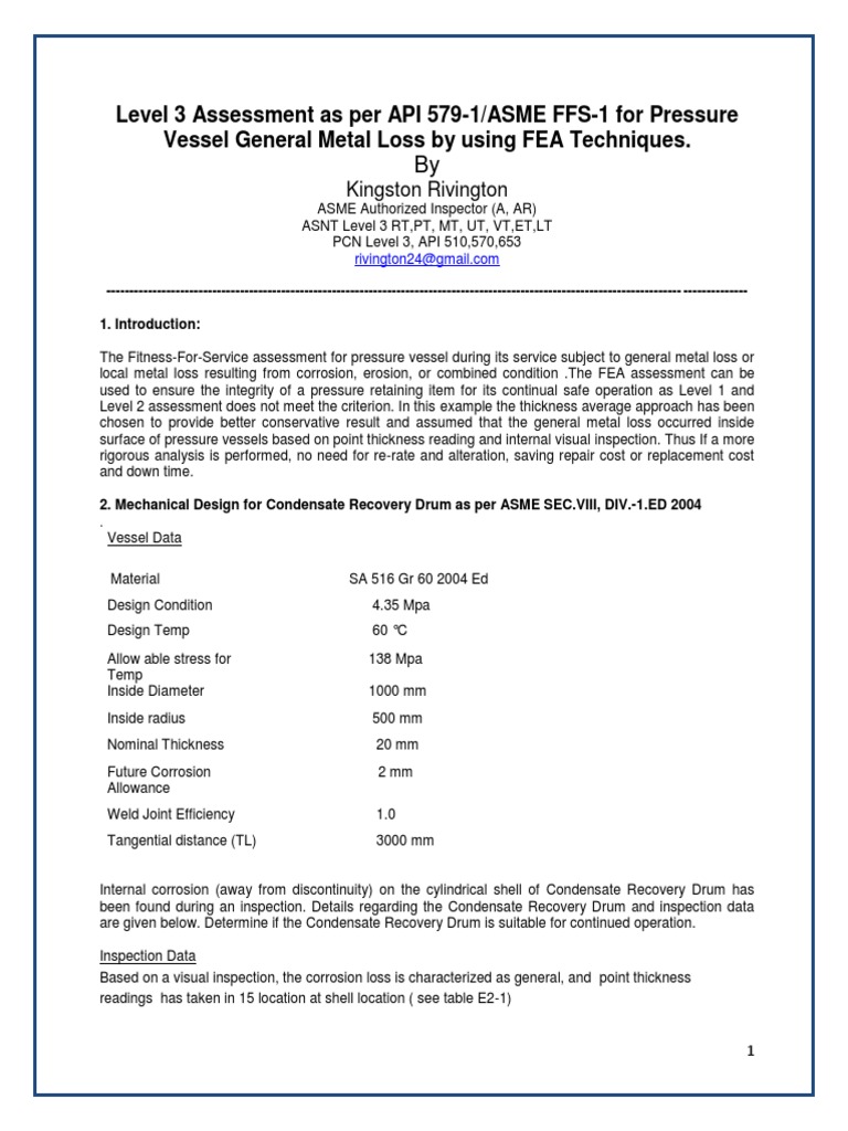 Level 3 Assessment As Per API 579-1ASME FFS-1 For Pressure Vessel ...