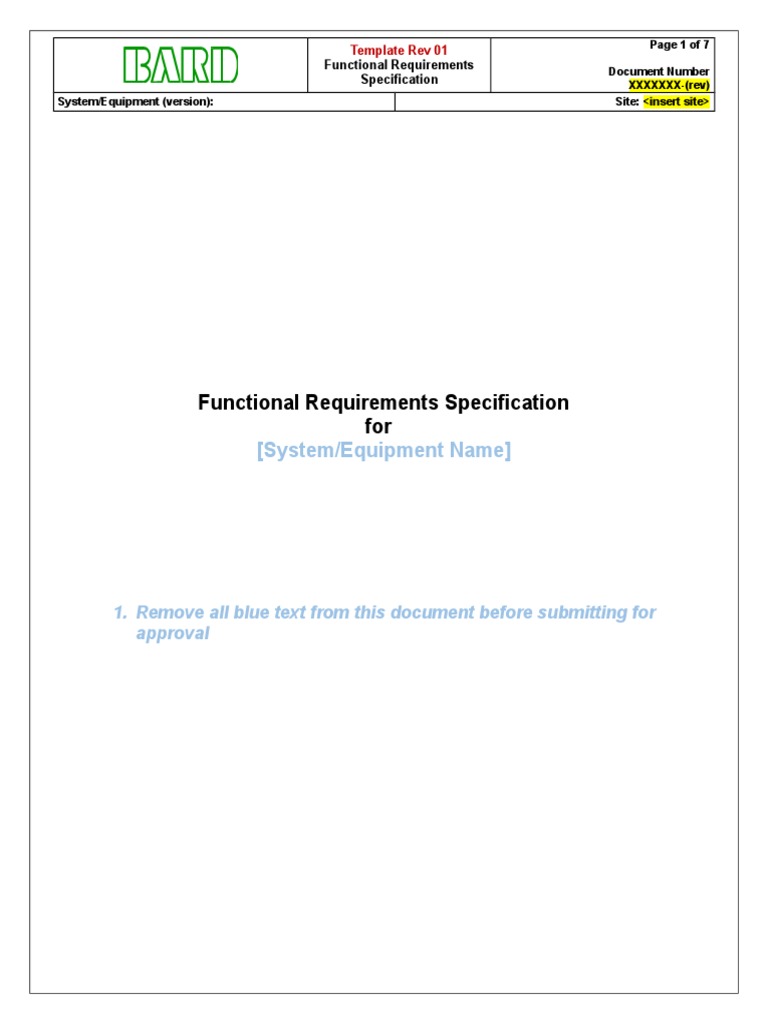 Functional Requirements Specification For: (System/Equipment Name ...