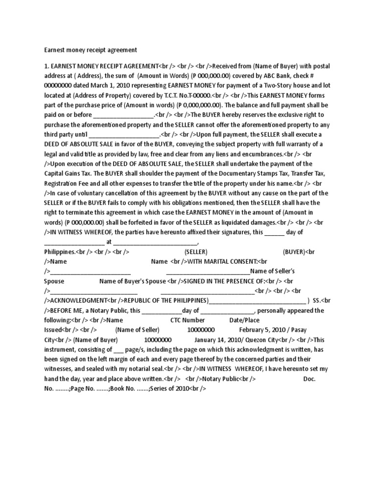 Earnest Money Receipt Agreement | Receipt | Payments