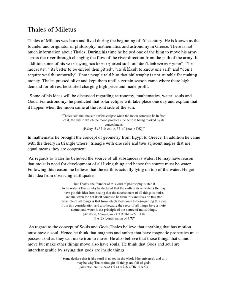 Thales of Miletus | PDF | Soul | Metaphysics