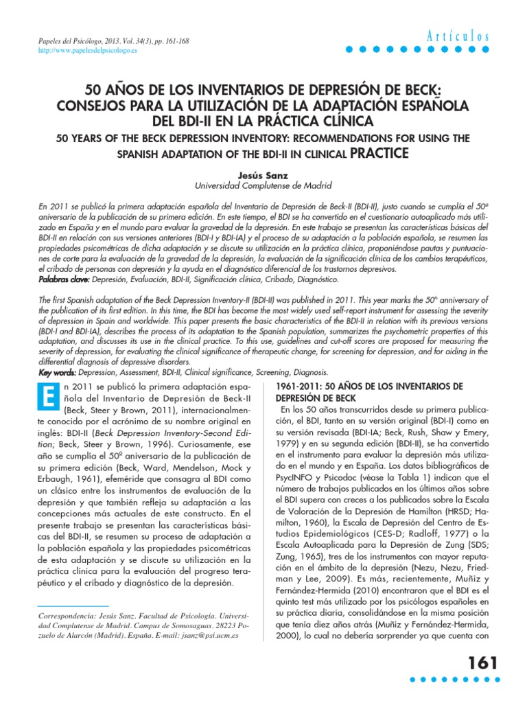 BDI-II: Adaptación y Uso Clínico en España | PDF | Depresión (estado de ...