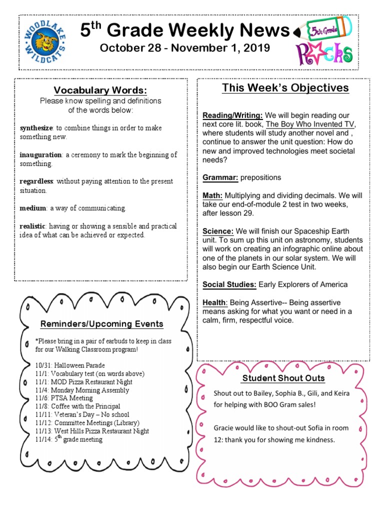 5 Grade Weekly News: TH October 28 - November 1, 2019 | PDF | Cognition ...