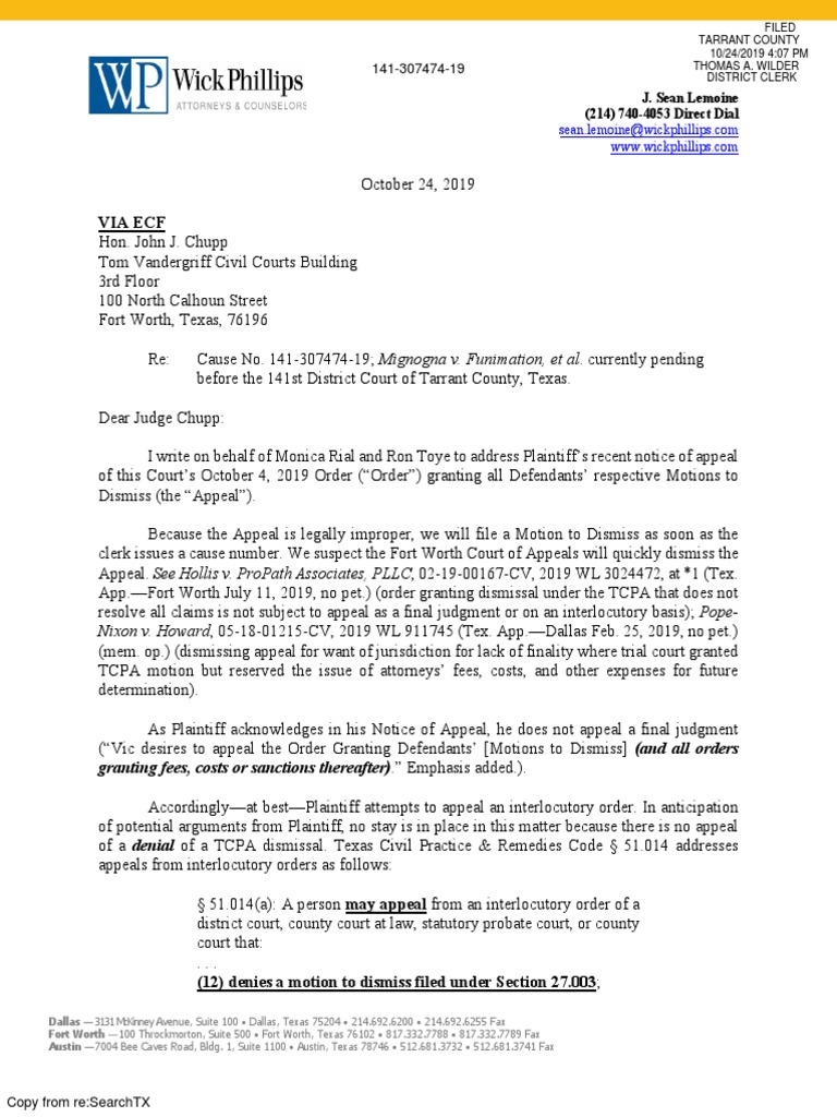 Correspondence To Judge Chupp Re Appeal - J. Sean Lemoine - Vic ...