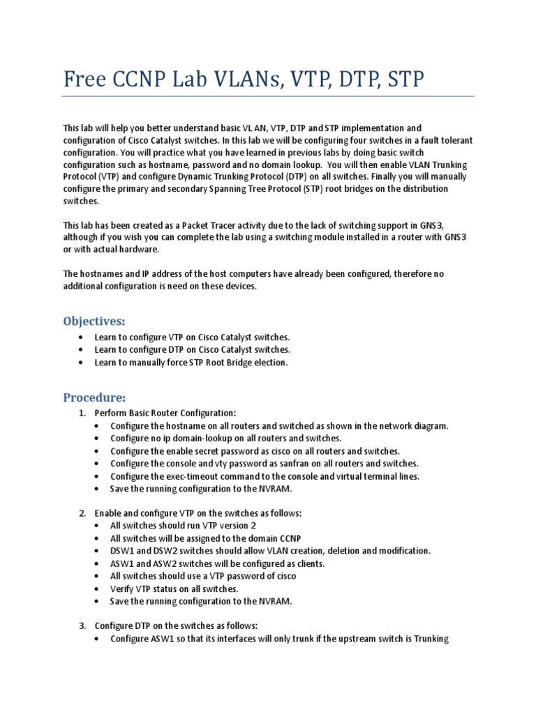 Free CCNP Lab Vlans, VTP, DTP, STP: Objectives | PDF | Network Switch | Router (Computing)