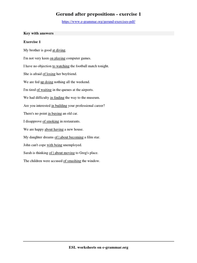 Gerund Exercise 1 Key PDF | PDF