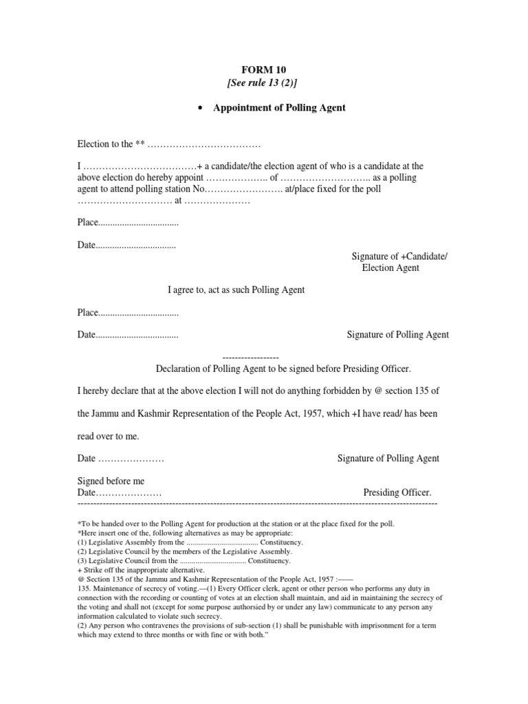 Polling Agent Appointment Form 10 | PDF | Voting | Government