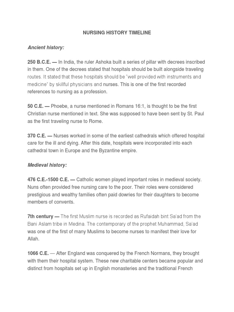 Hand Out Nursing History Timeline | PDF | Florence Nightingale | Nursing