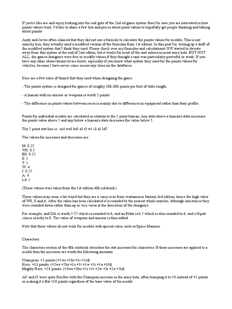 Points Values In 40k 2nd Edition PDF Leisure Teaching Mathematics