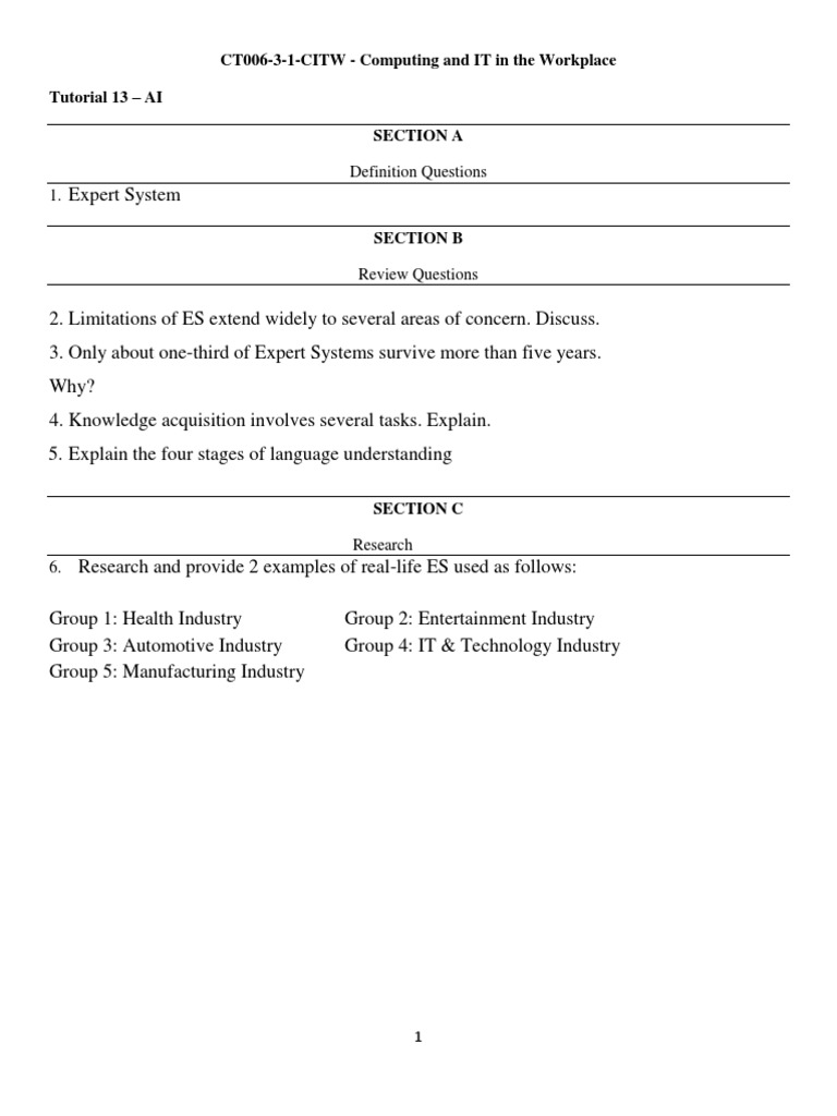 Definition Questions 1.: CT006-3-1-CITW - Computing and IT in The Workplace Tutorial 13 - AI ...