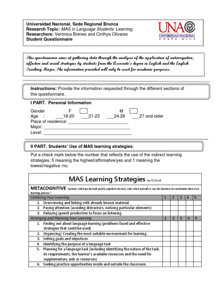 MAS Learning Strategies Questionnaire | PDF | Affect (Psychology ...