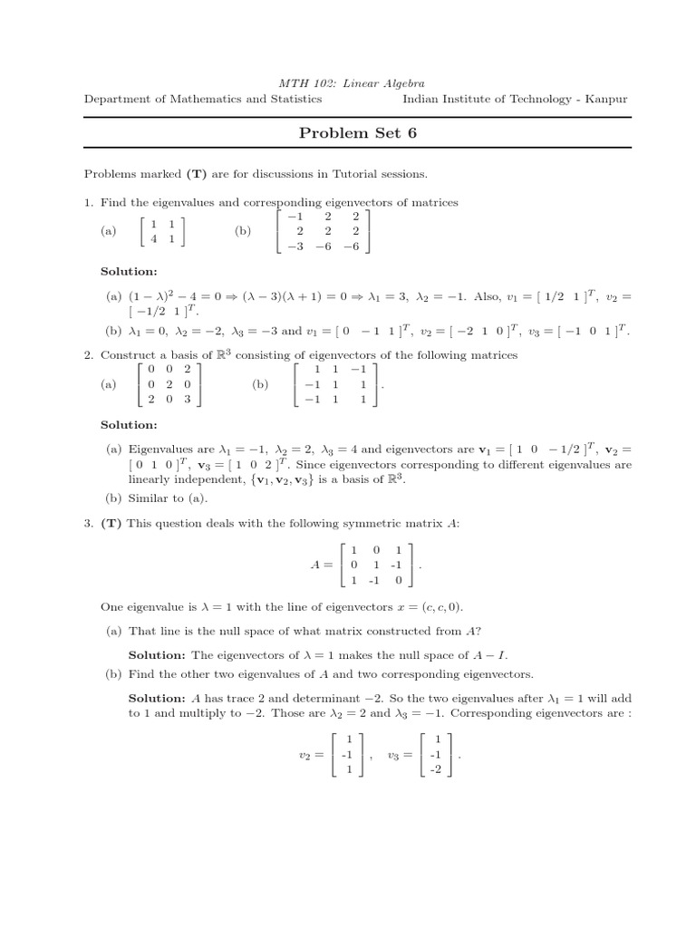Problem Set 6 2 1 2 1 T 2 T T 2 T 3 T Pdf Eigenvalues And