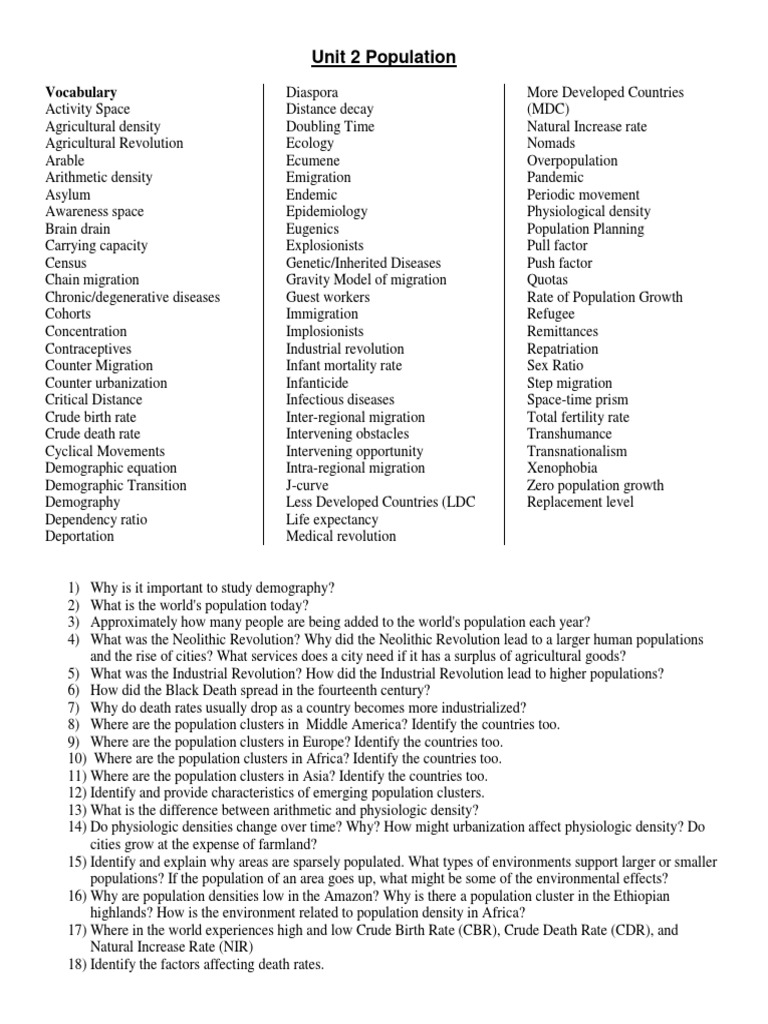 Unit 2 Population: Vocabulary | PDF | Immigration | Demography