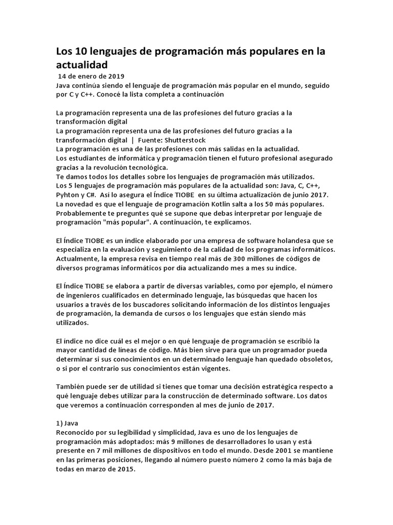 Los 10 Lenguajes de Programación Más Populares en La Actualidad | PDF ...