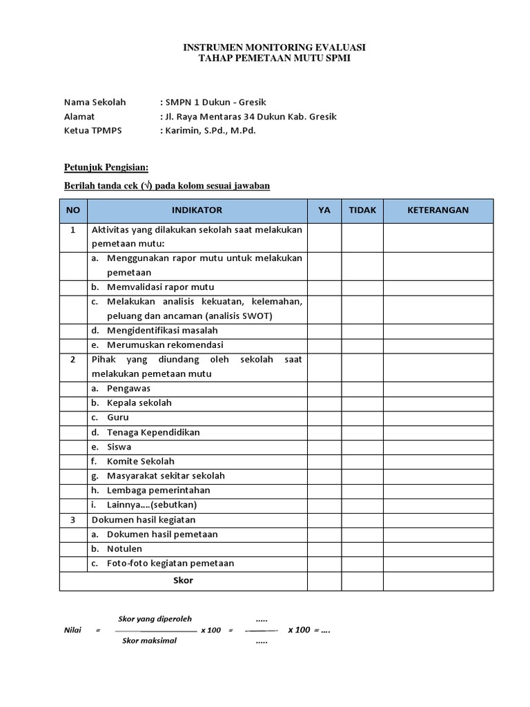 Instrumen Monev Pemetaan Mutu (SPMI) | PDF