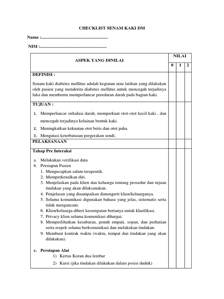 Checklist Senam Kaki DM | PDF