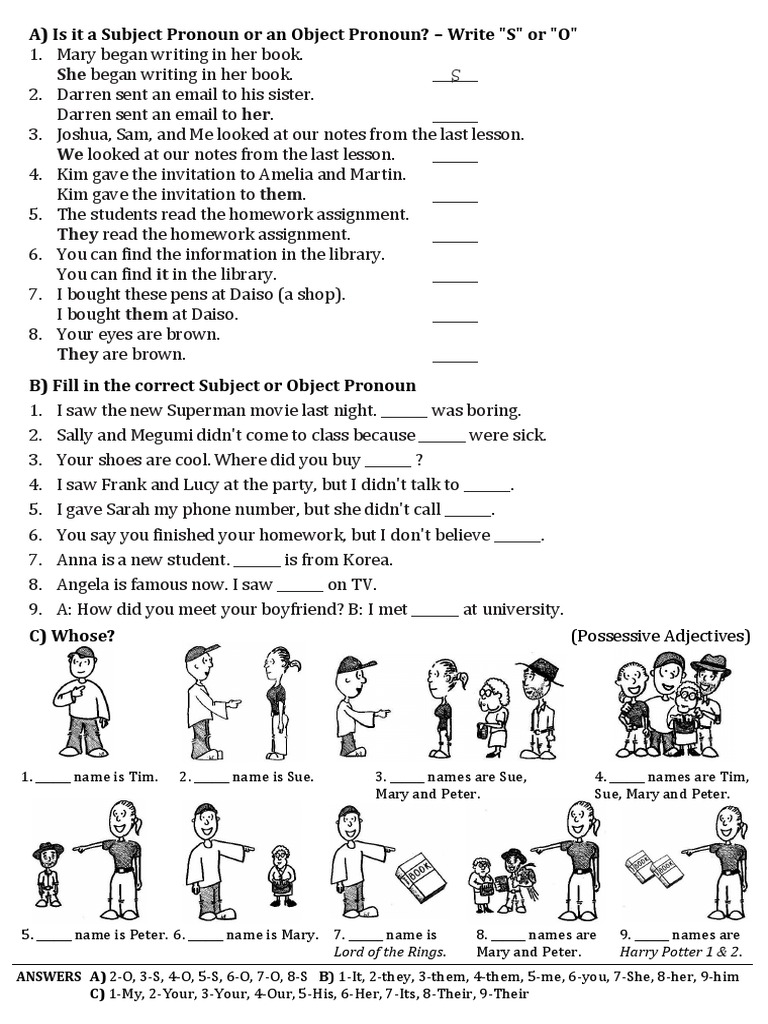 Subject Object Pronouns PLUS Possessive Adjectives Exercises | PDF