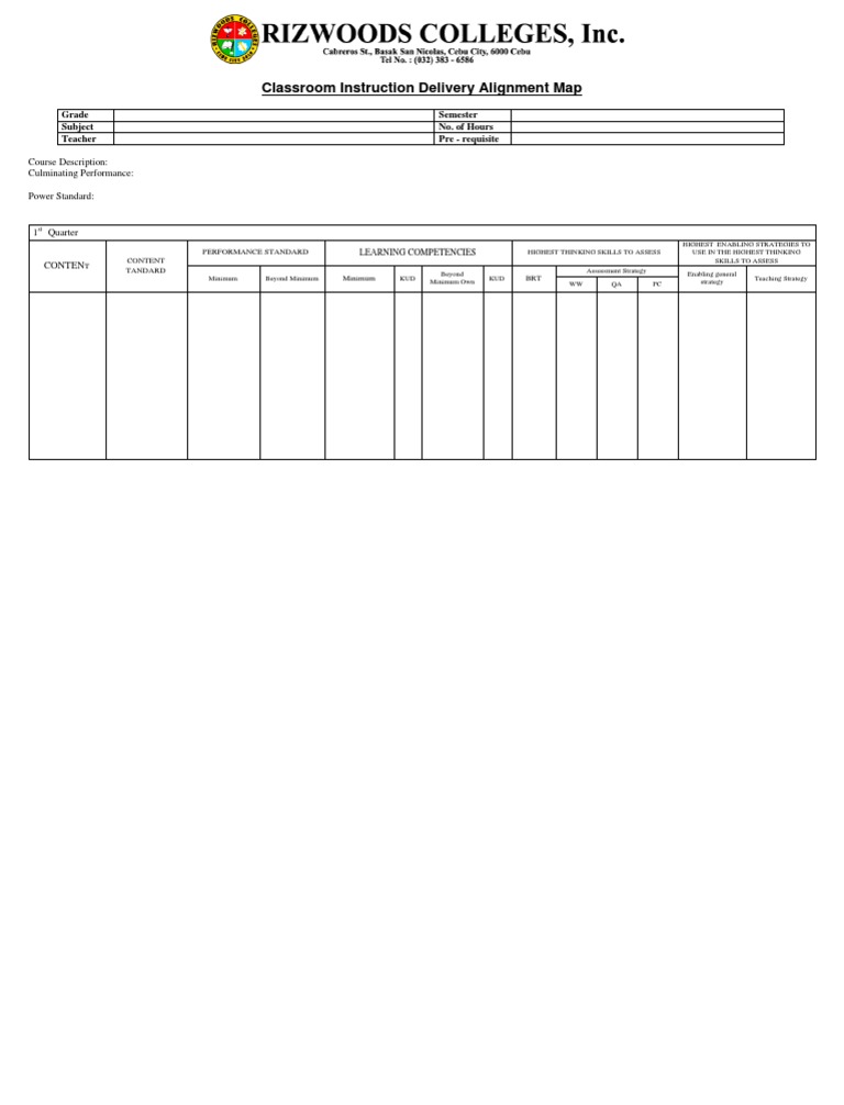 Classroom Instruction Delivery Alignment Map: Grade Semester Subject No ...