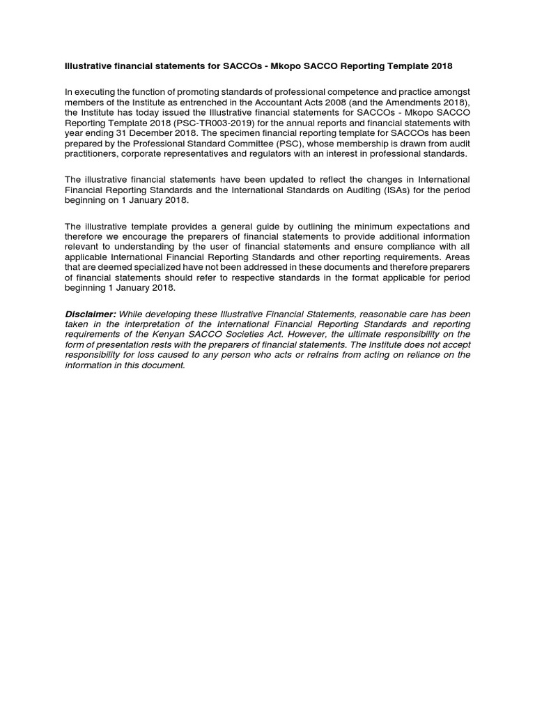 Illustrative Financial Statements For SACCOs Mkopo Sacco Reporting ...