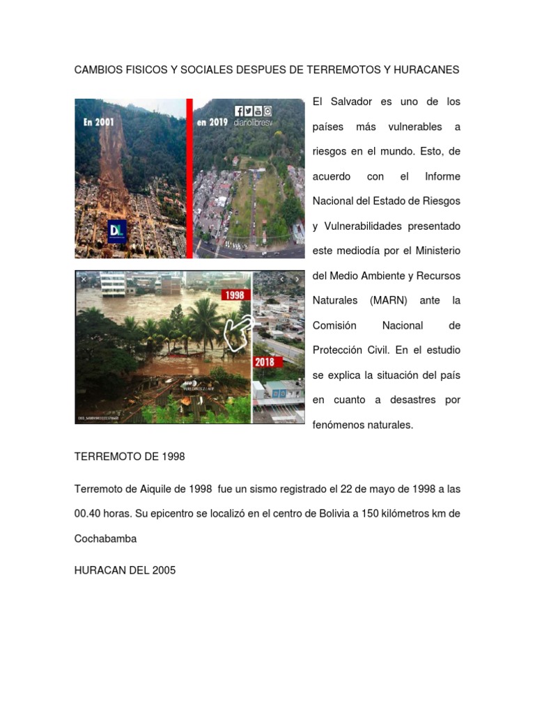Cambios Fisicos y Sociales Despues de Terremotos y Huracanes | PDF ...
