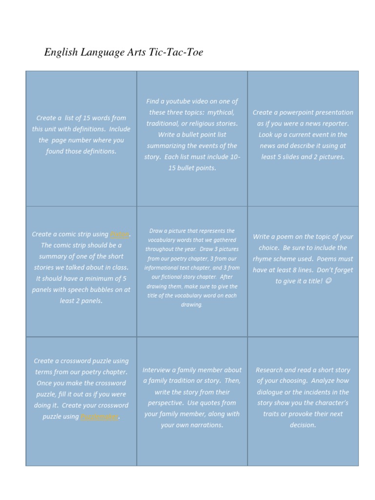 English Language Arts Tic-Tac-Toe: Pixton | PDF | Poetry