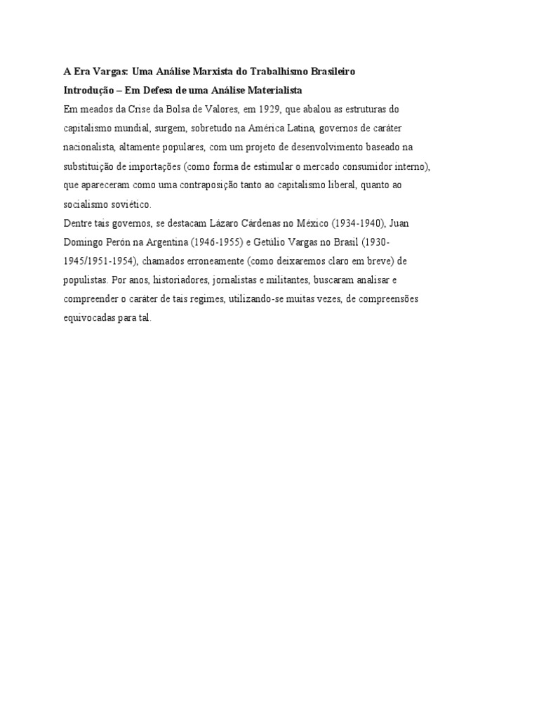 A Era Vargas, Uma Análise Marxista Do Trabalhismo Brasileiro | PDF ...