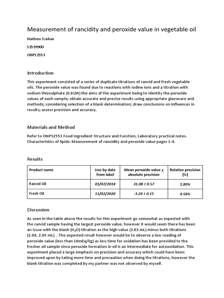 Measurement of Rancidity and Peroxide Value in Vegetable Oil | PDF ...