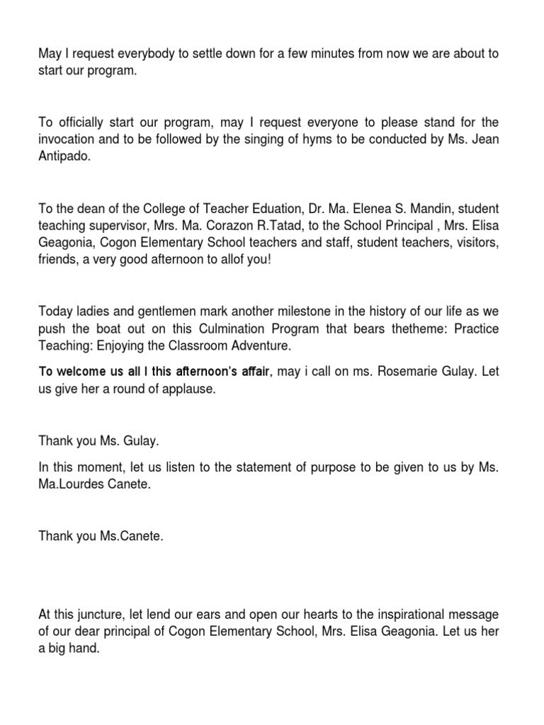 Script For Culmination Program | Download Free PDF | Teachers