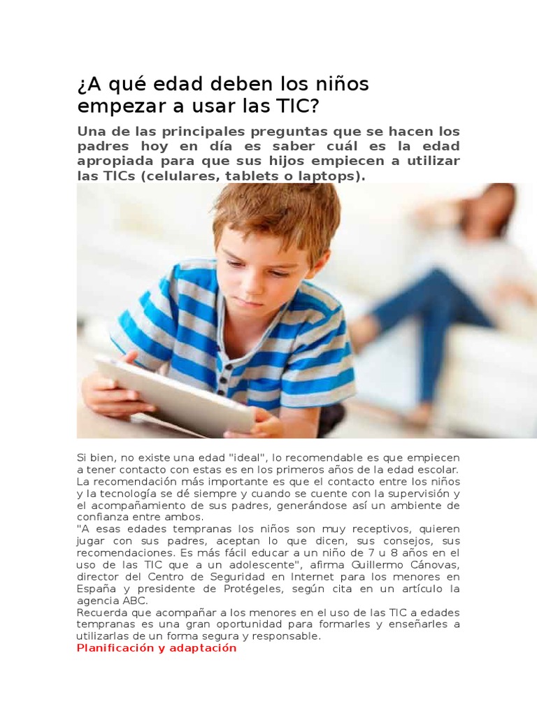 A Qué Edad Deben Los Niños Empezar A Usar Las Tic Odt Pdf Juegos