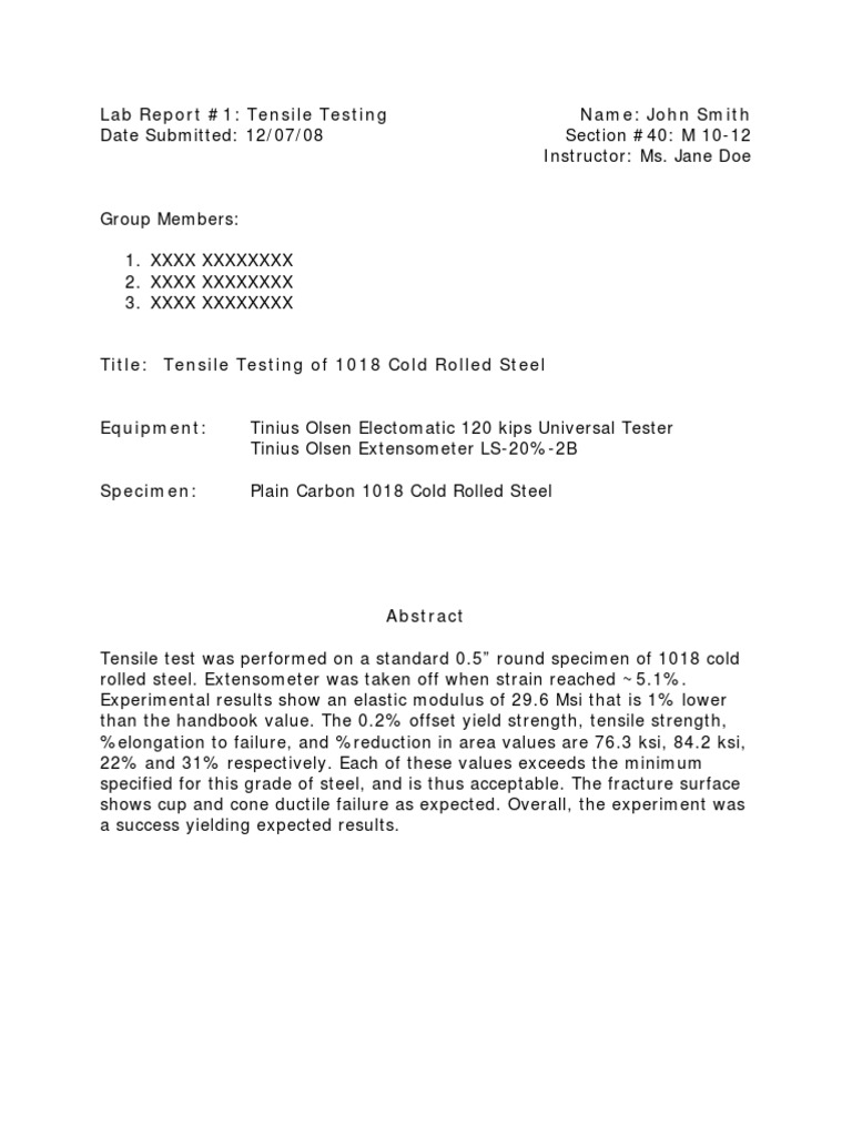 Lab Report #1: Tensile Testing Name: John Smith | Download Free PDF ...
