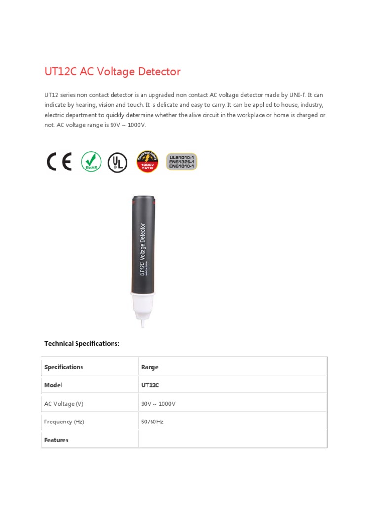 UT12C AC Voltage Detector: Technical Specifications | PDF