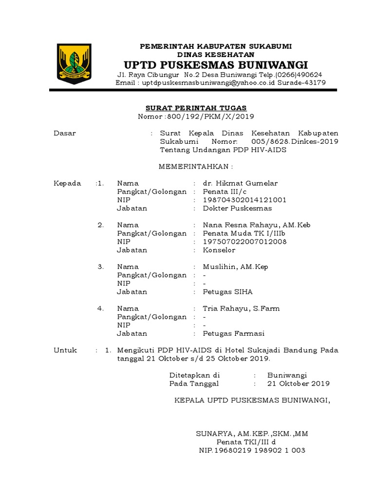 Surat Tugas PDP HIV-AIDS Puskesmas Buniwangi | PDF | Ilmu Sosial | Kesehatan Holistik