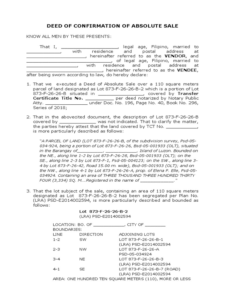 Deed of Confirmation and Ratification of Sale Due to Lack of ...