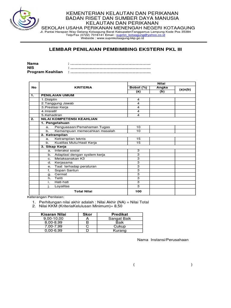 Lembar Penilaian Pembimbing Ekstern PKL III | PDF