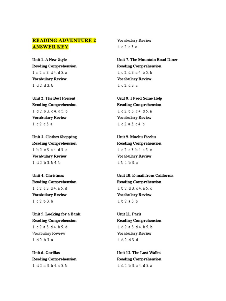 Reading Adventure 2 Answer Key | PDF