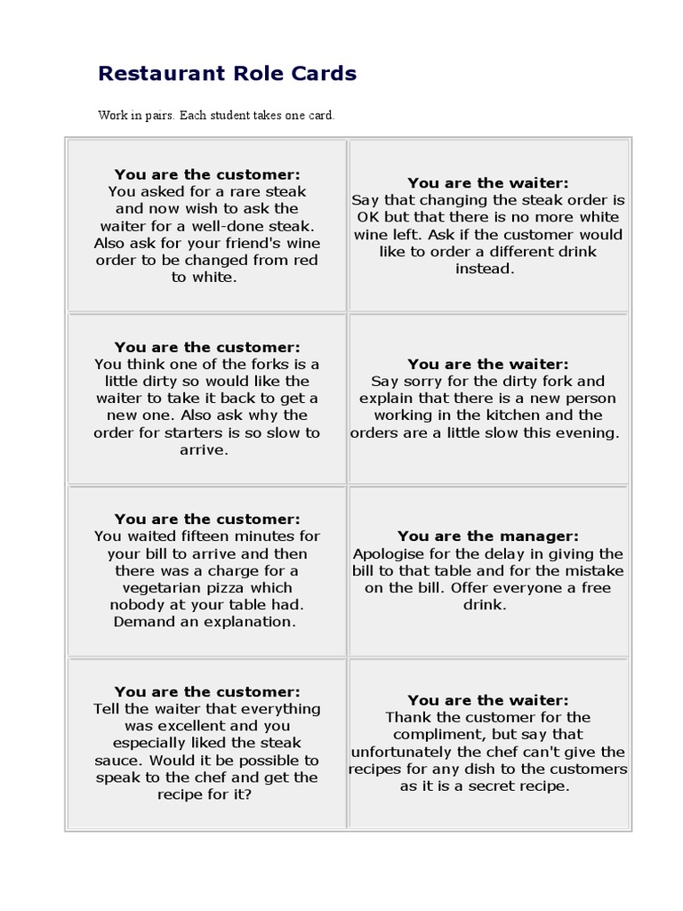 Restaurant Role Cards | PDF | Waiting Staff | Restaurants