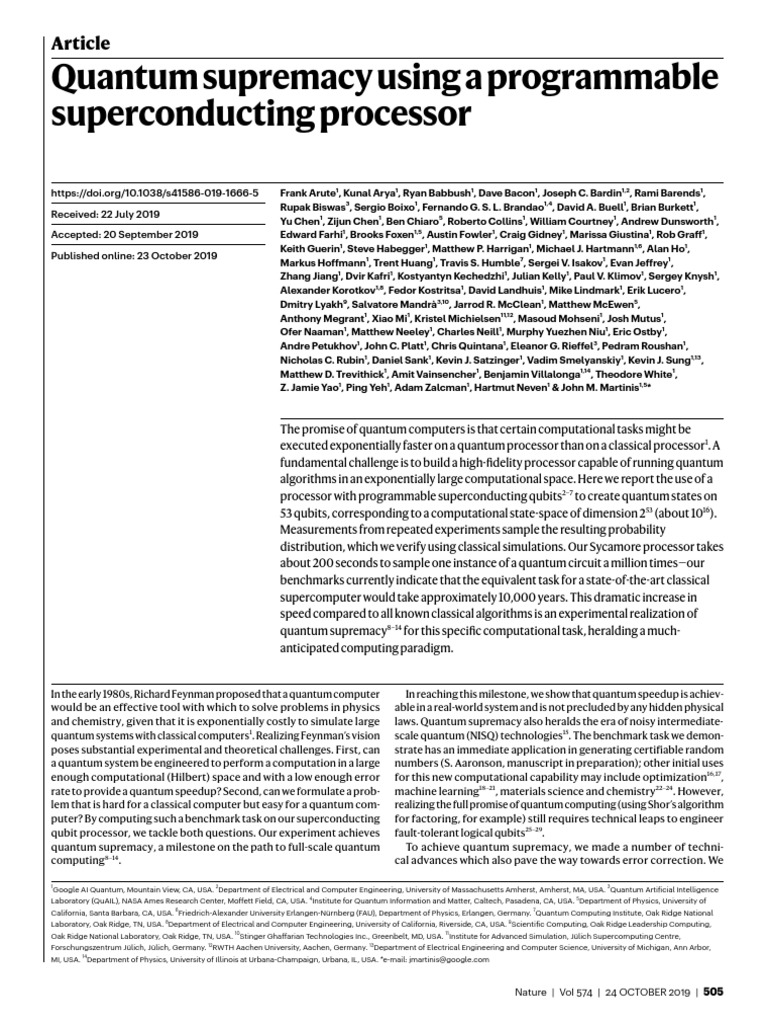 Quantum Supremacy Using A Programmable Superconducting Processor | PDF | Quantum Computing ...