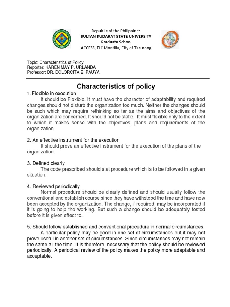 Characteristics of Policy: Sultan Kudarat State University Graduate ...