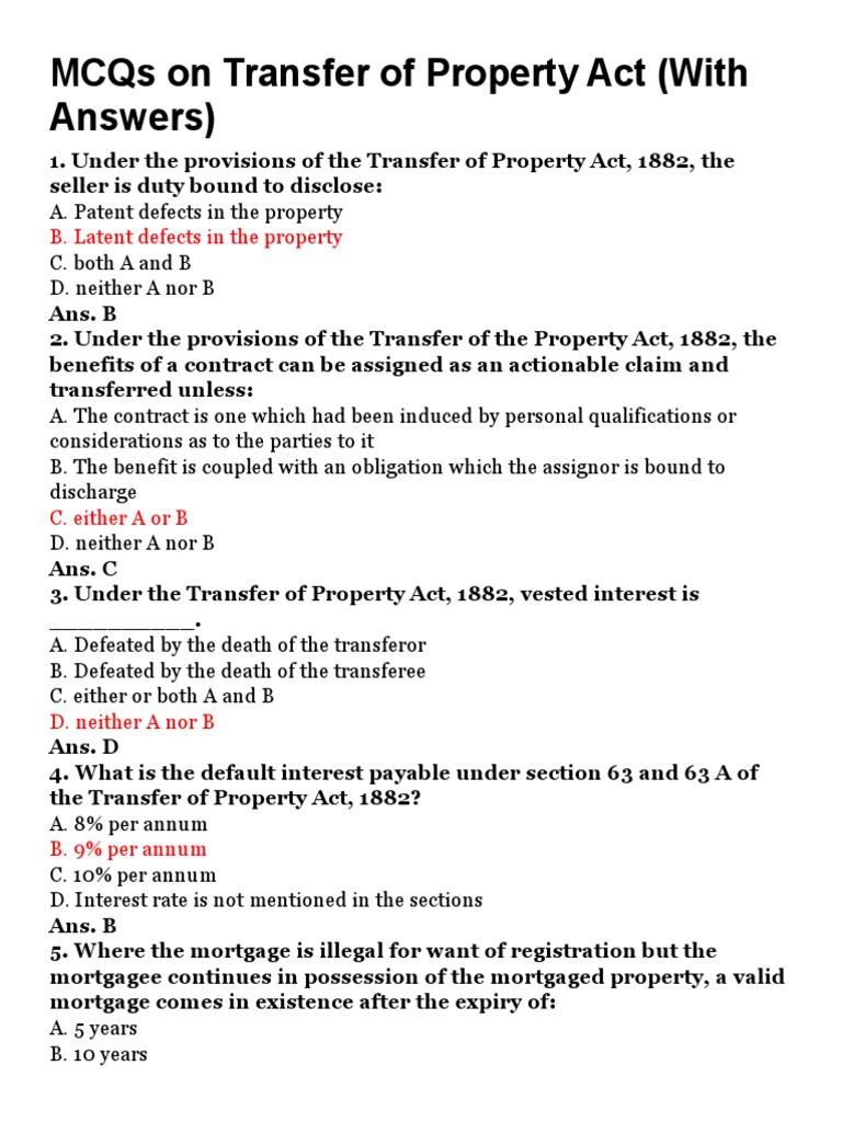 MCQs On Transfer of Property Act | PDF | Lease | Mortgage Law
