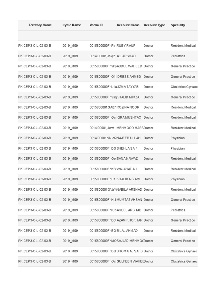 Territory Name Cycle Name Veeva ID Account Name Account Type Specialty ...